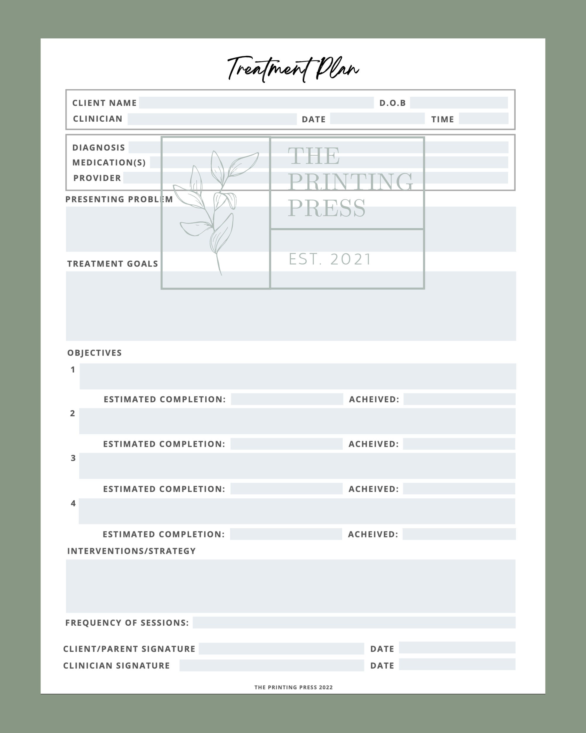 Therapy Treatment Plan Template, Fillable Counseling Notes (PDF ...