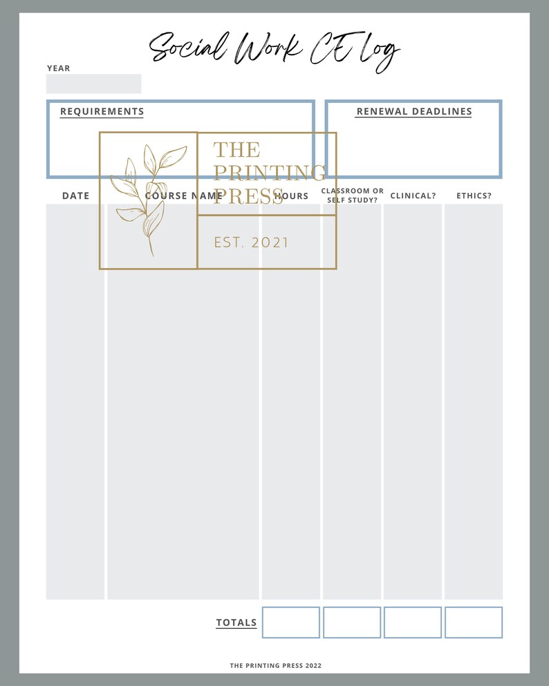 Social Work CE Hours, License Renewal Log, Continuing Education ...