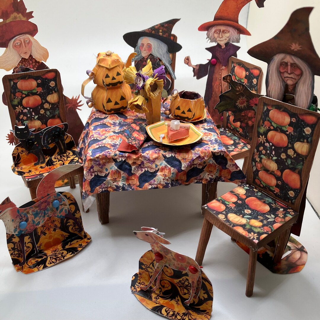 1:12 Scale Whimsical Witch Halloween Party With Paper Art Dolls and ...