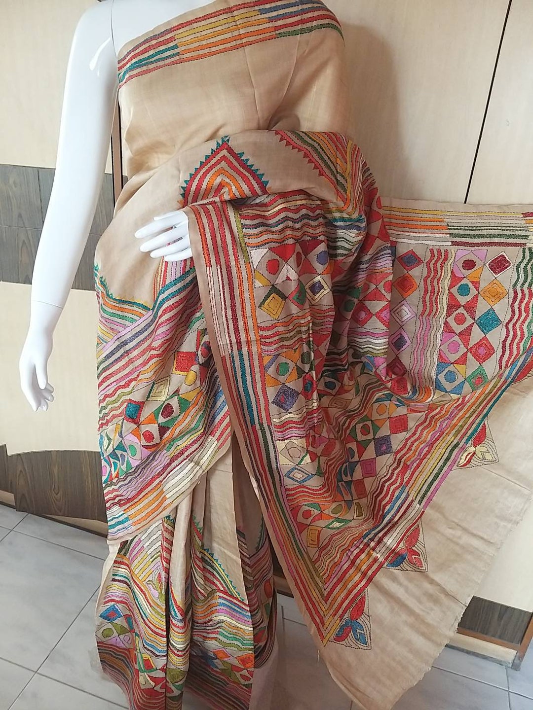 Pure Gachhi Tussar Silk Knatha Stitch Multicolour Saree - Etsy