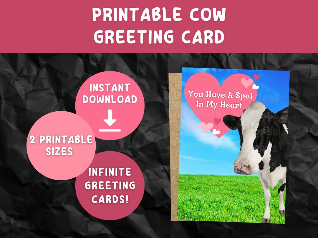 Printable Cow Greeting Cards - 2 Sizes - Instant Download - DIY ...