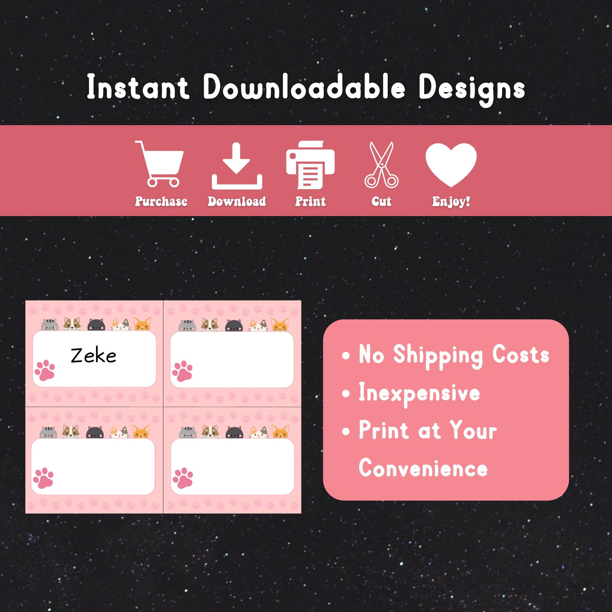 Cat and Paw Prints Custom Name Tags Instant Download and Canva Template ...