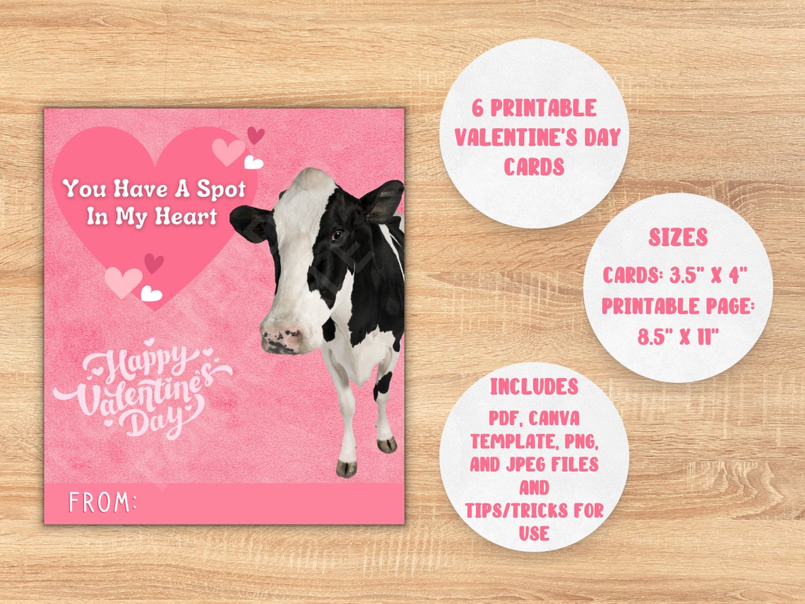 Cow Valentine's Day Cards or Tags for School Kids: Instant Printable ...