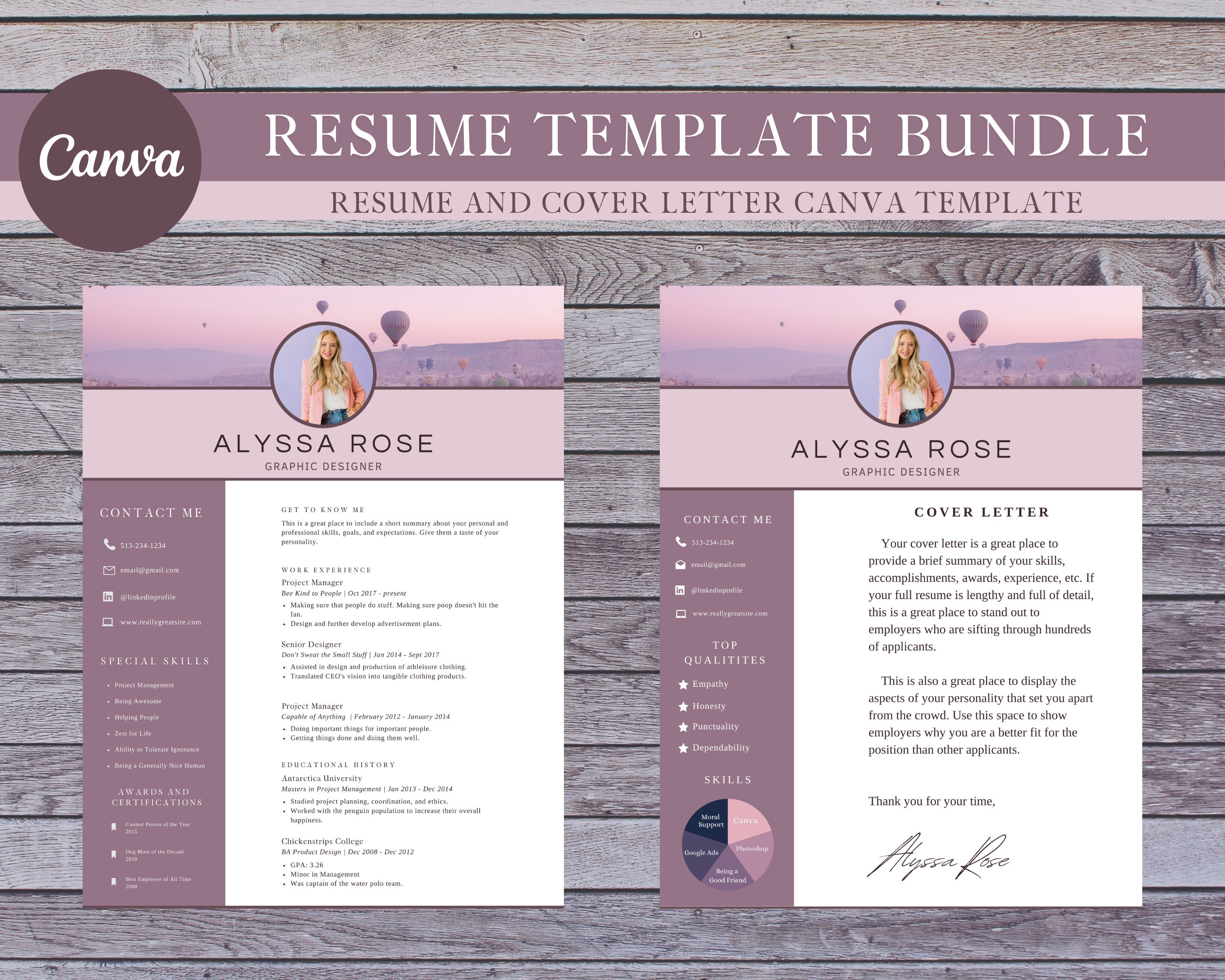 Canva Resume and Cover Letter Template Bundle: Mauve, Feminine, Pink ...