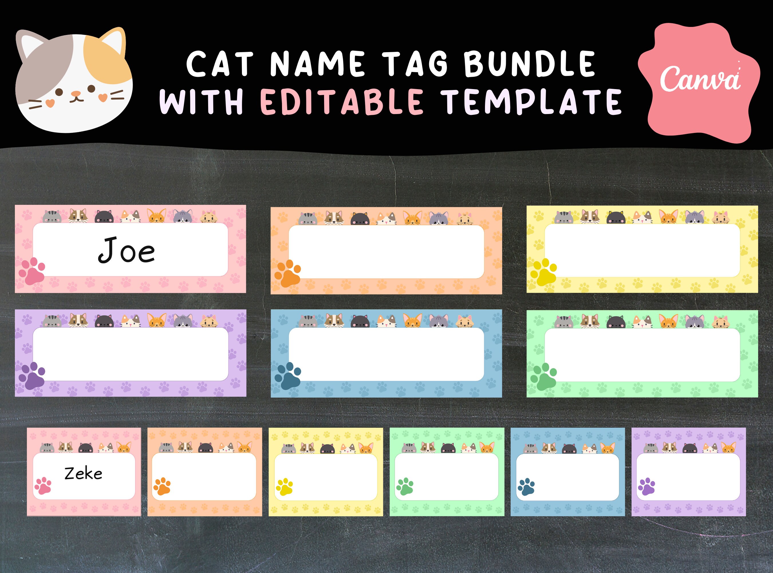 Cat and Paw Prints Custom Name Tags Instant Download and Canva Template ...