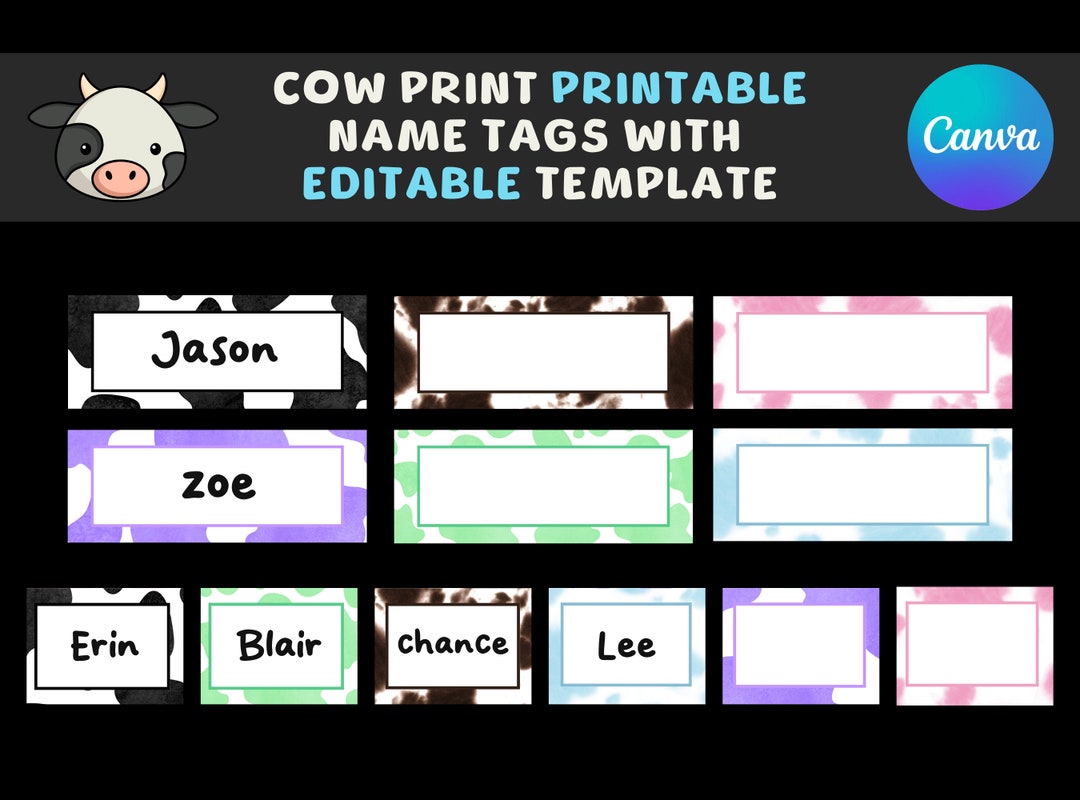 Cow Print Customizable Name Tags Images & Canva Template Student Office ...