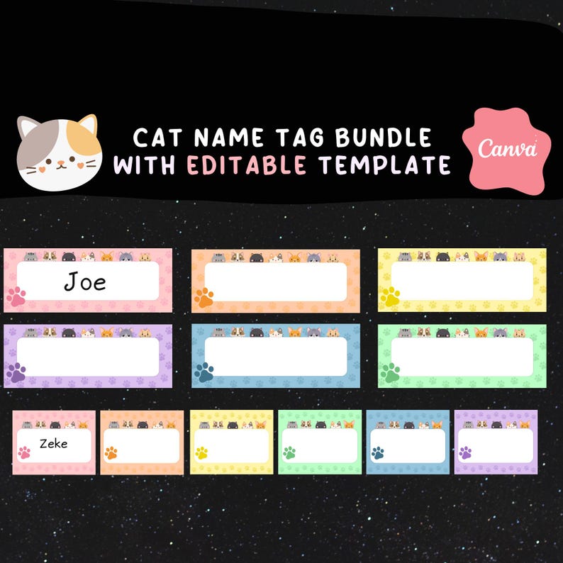Cat and Paw Prints Custom Name Tags Instant Download and Canva Template ...