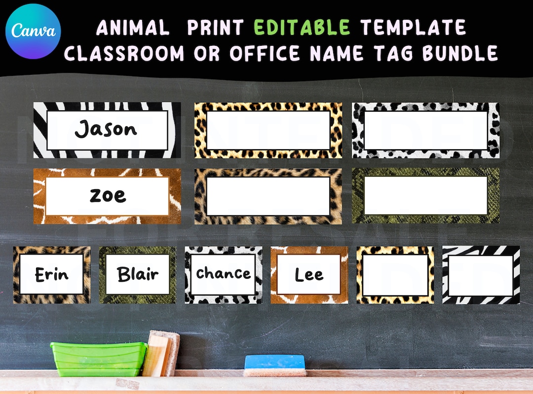 Animal Print Editable Printable Classroom Office Student Desk Name Tags ...