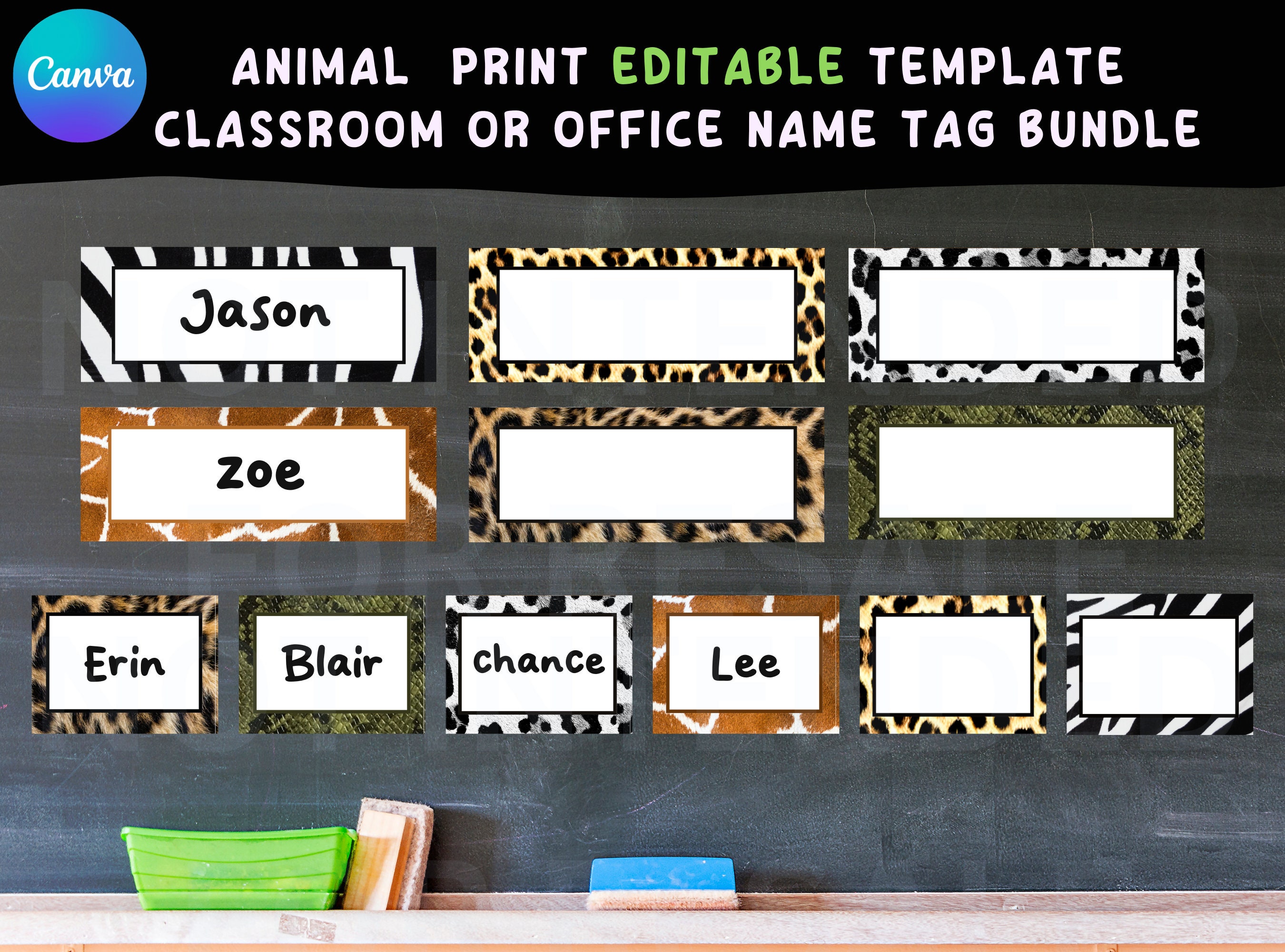 Animal Print Editable Printable Classroom Office Student Desk Name Tags ...