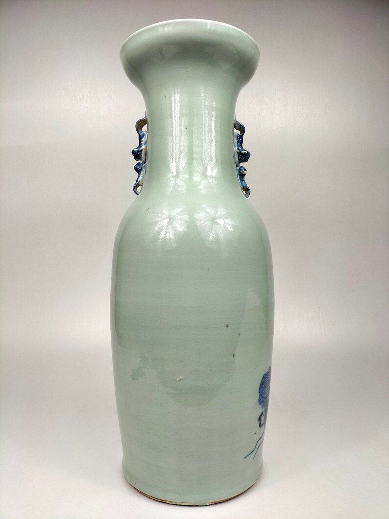 Large Antique Chinese Celadon Colored Vase Decorated With Foo Dogs ...