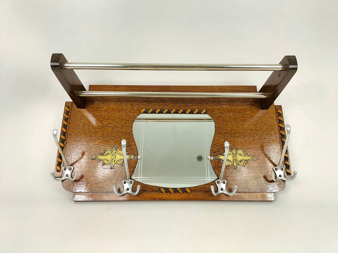 Vintage Wooden Wall Mounted Coat Rack With Mirror // Mid 20th Century ...