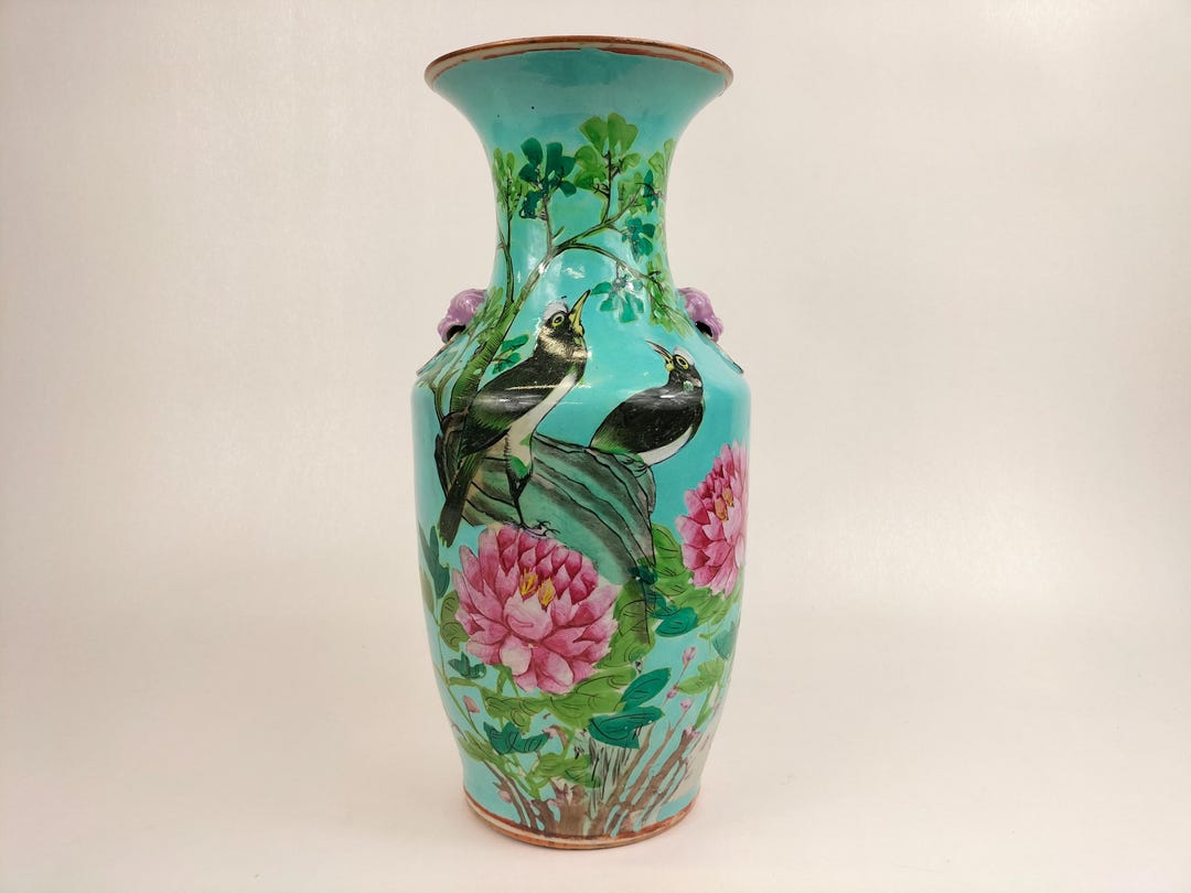 Antique Chinese Turquoise Qianjiang Cai Vase Decorated With Birds and ...