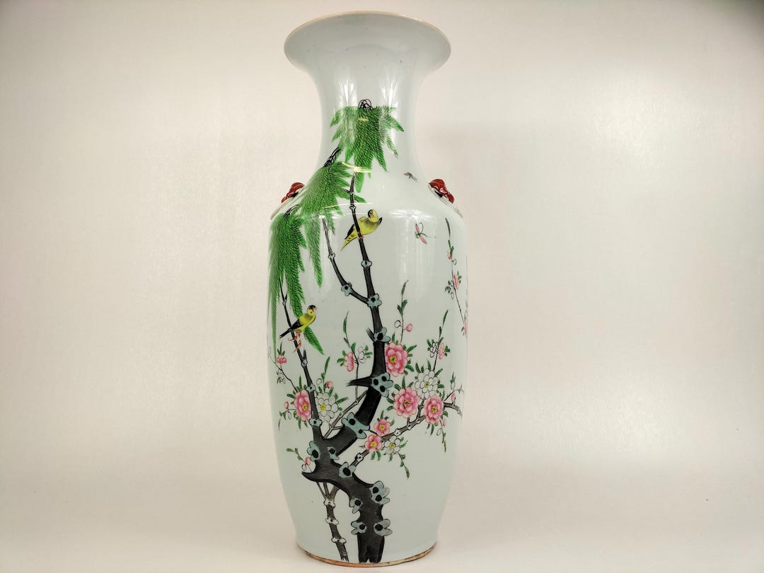 Large Antique Chinese Vase Decorated With Canaries and Flowers ...