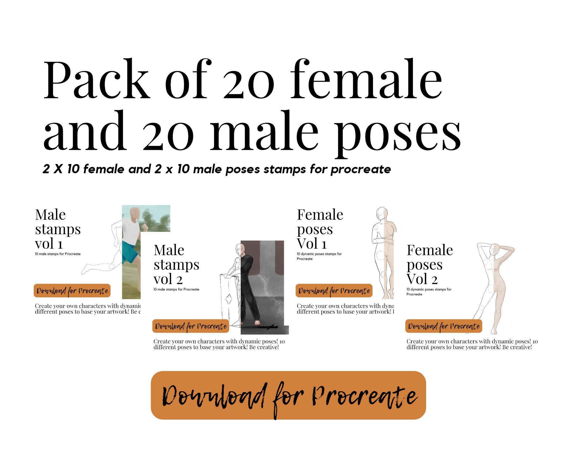 Pack of 40 Stamps of Female and Male Characters for Procreate. Sketches ...