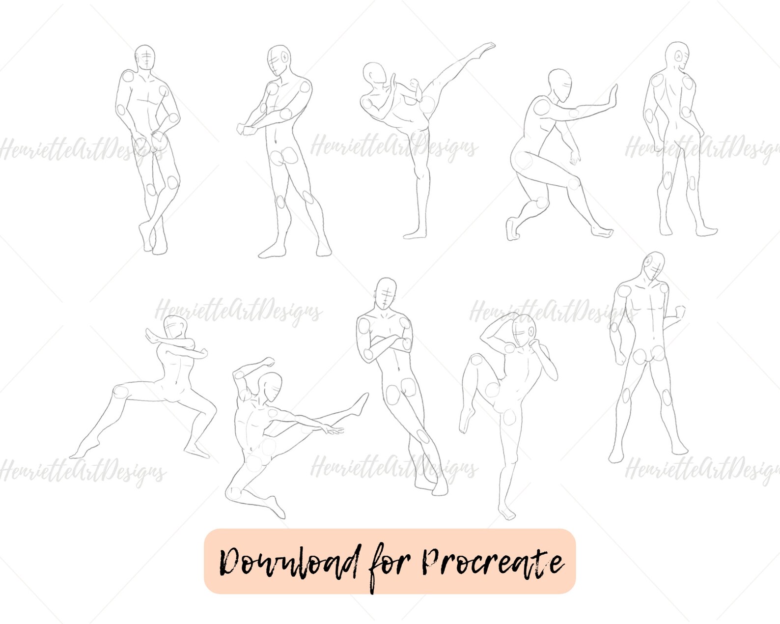 Pack of 40 Stamps of Female and Male Characters for Procreate. Sketches ...
