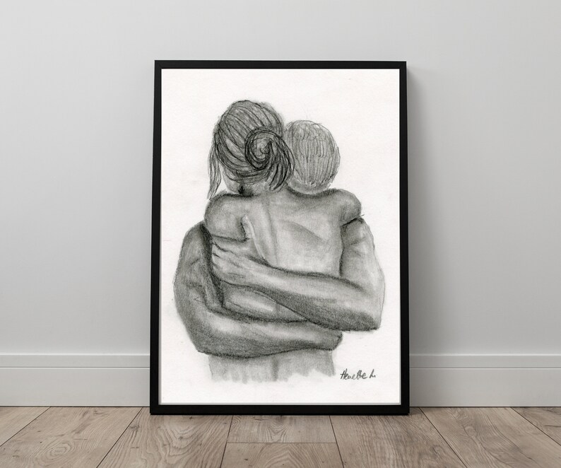 Romantic Hugging Couple Drawing Graphite and Charcoal Art Minimalistic Home Decor Digital ...