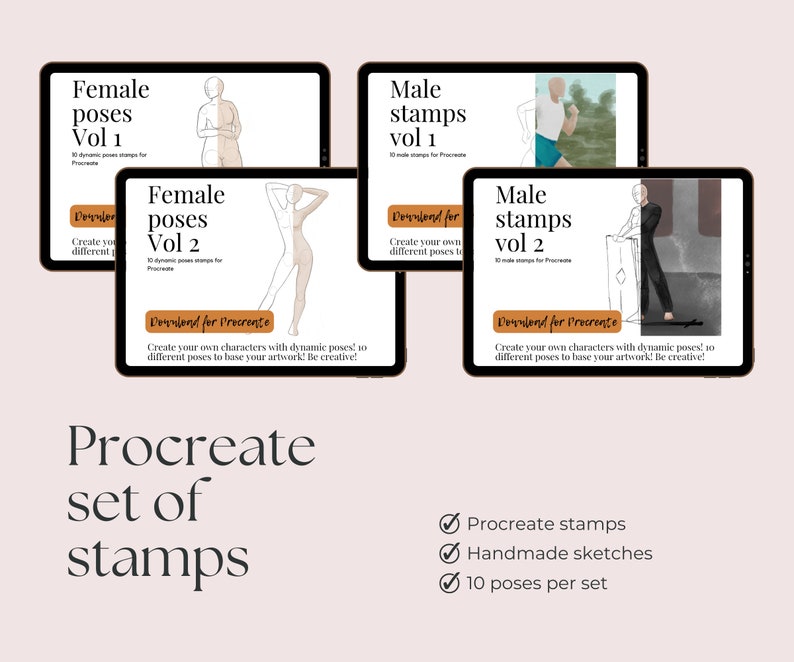 Pack of 40 Stamps of Female and Male Characters for Procreate. Sketches ...