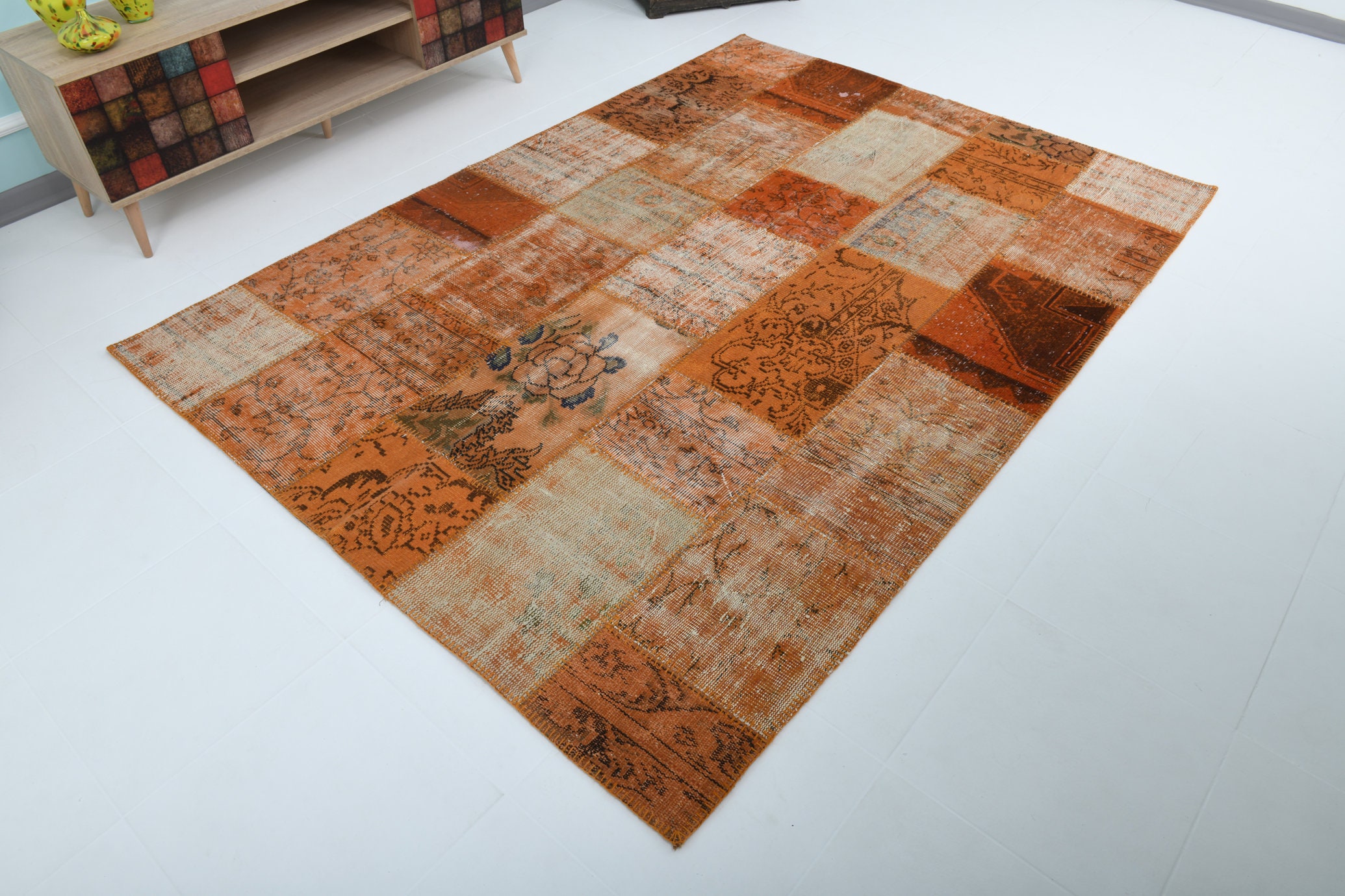 6x8 Copper Vintage Bedroom Rug, Turkish Eclectic Handmade Soft Wool ...