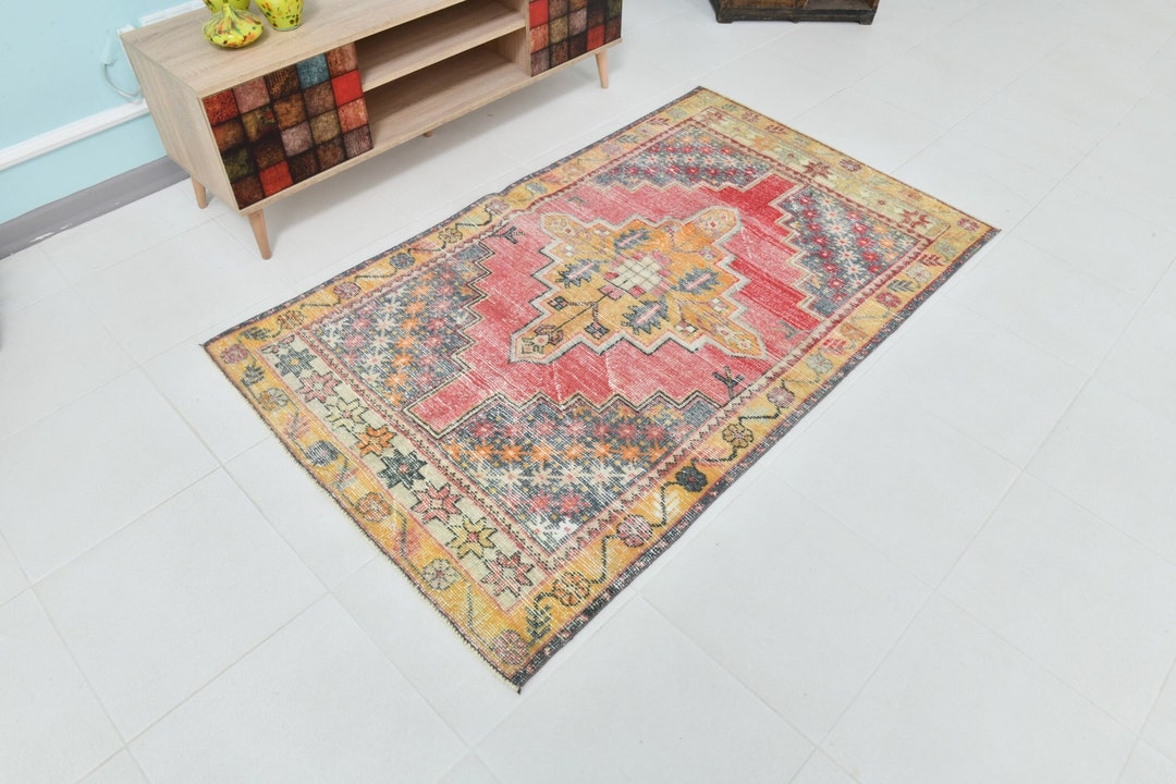 4x6 Yellow Vintage Area Rug, 4x6 Blue Turkish Rug, 4x6 Kitchen Rug ...