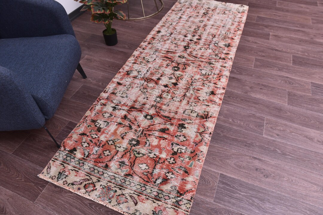 3x8 Vintage Runner Rug, 3x8 Coral Pink Distressed Hall Rug, 3x8 Faded ...