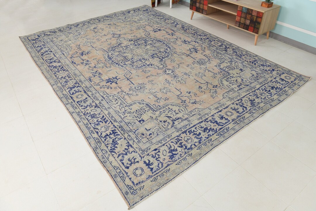 8x11 Floral Oushak Area Rug, 8x11 Oversize Vintage Rug, 8x11 Navy Beige ...