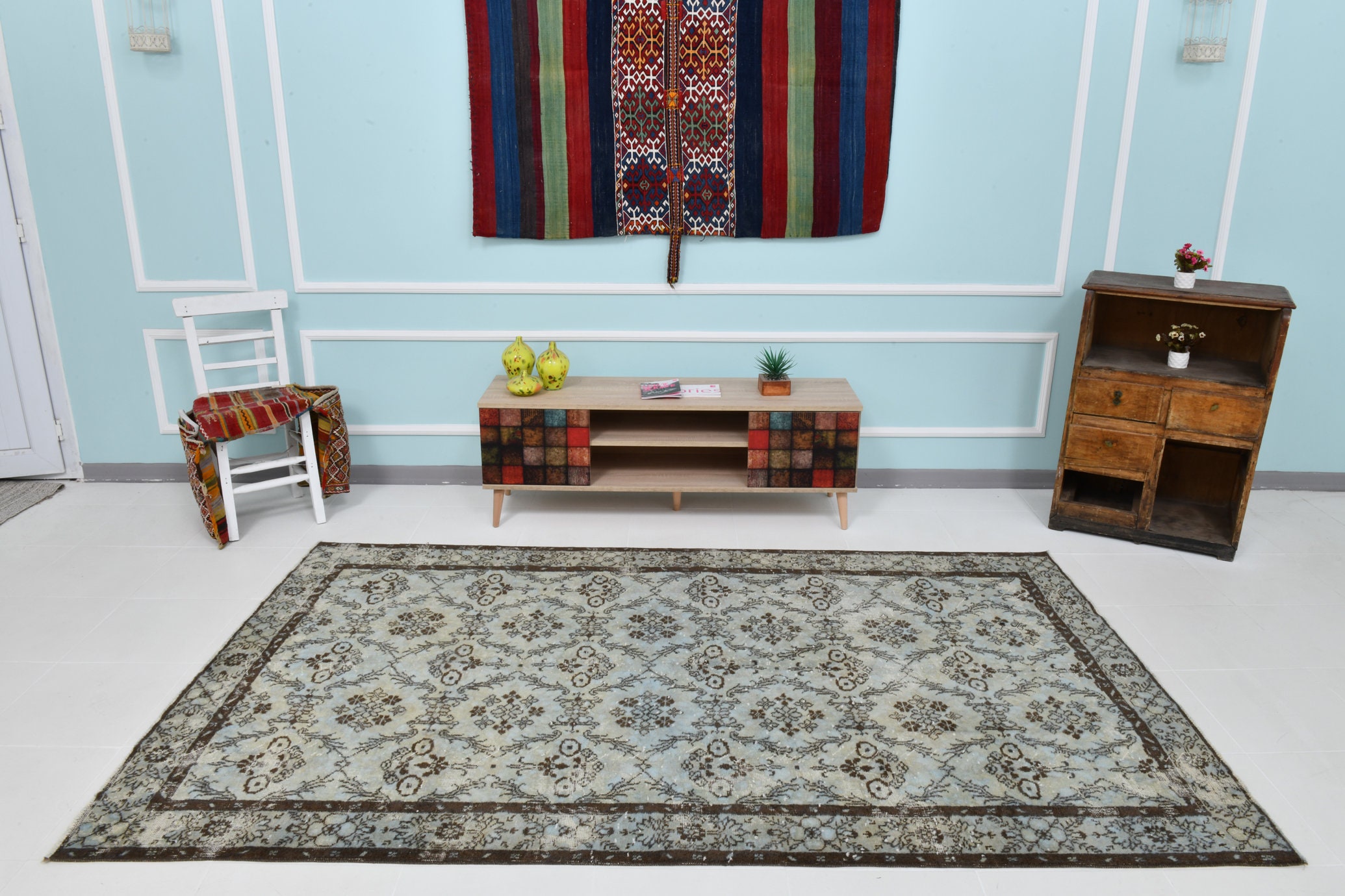 5x9 Rustic Farmhouse Style Vintage Living Room Rug, Turkish Allover ...