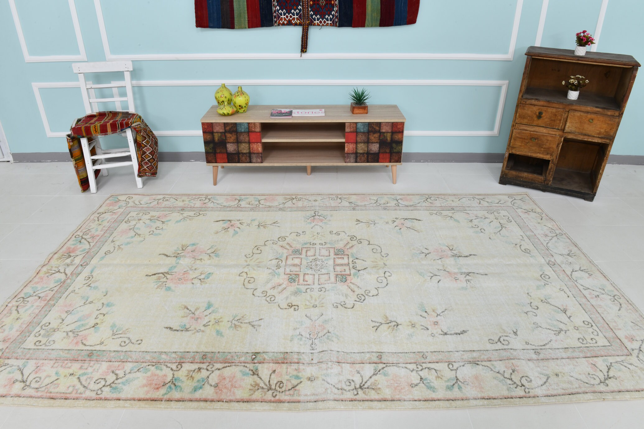 6x10 Allover Floral Neutral Vintage Living Room Rug, Turkish ...