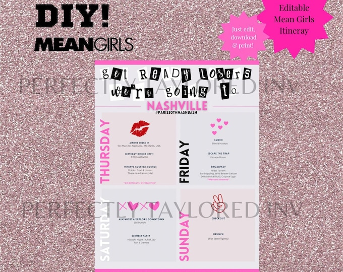 Editable MEAN GIRLS Themed Itinerary for Birthday and Bachelorette - Etsy