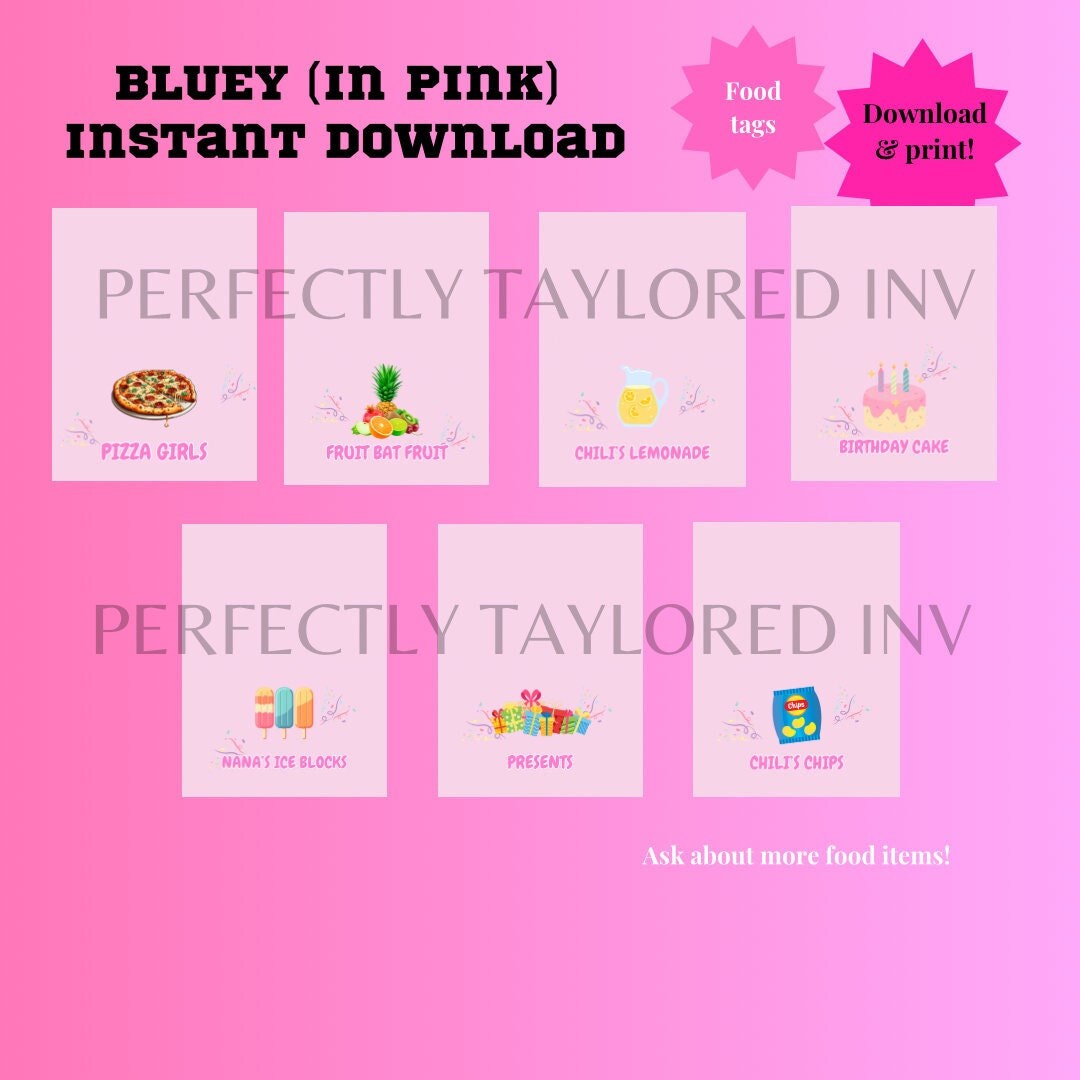 Printable Instant Download Pink Bluey Food Signs - Etsy