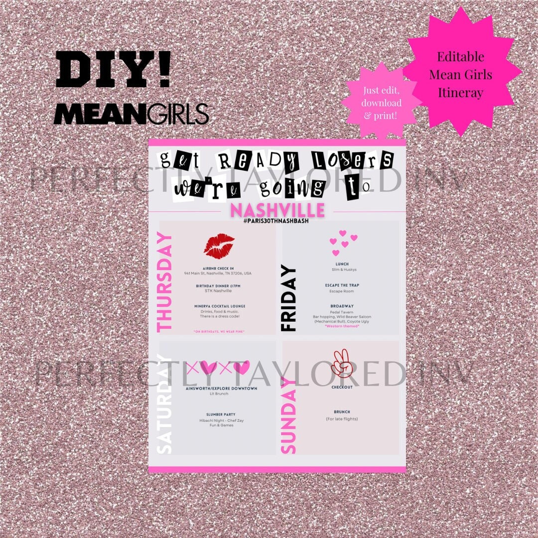 Editable MEAN GIRLS Themed Itinerary for Birthday and Bachelorette - Etsy