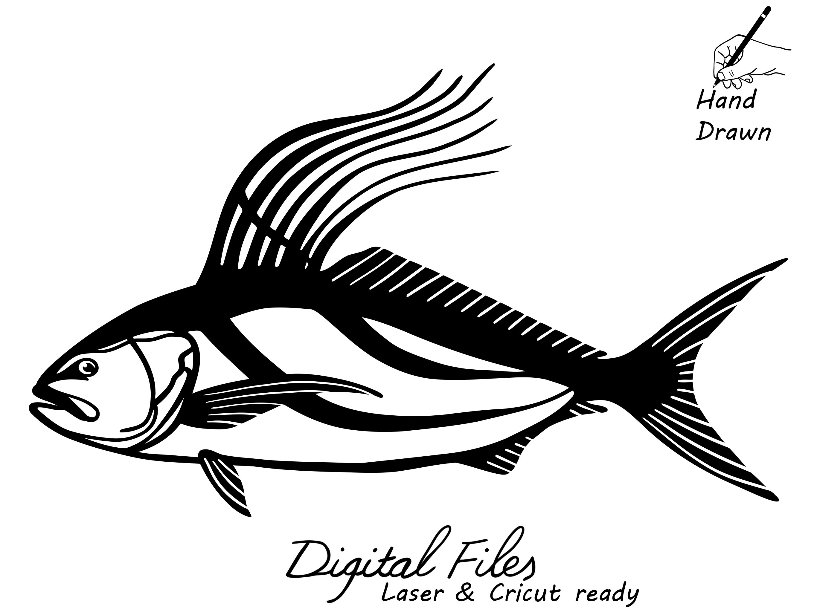Roosterfish Fish Hand Drawn SVG Clipart, Laser Cut Fish DXF, Cnc Plasma ...