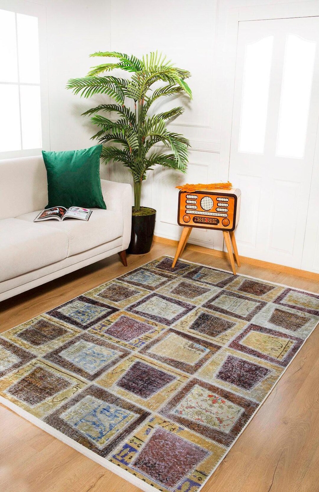 Cotton Rug Runner: Boho Checkered Pattern - Non Slip Backing, Machine ...