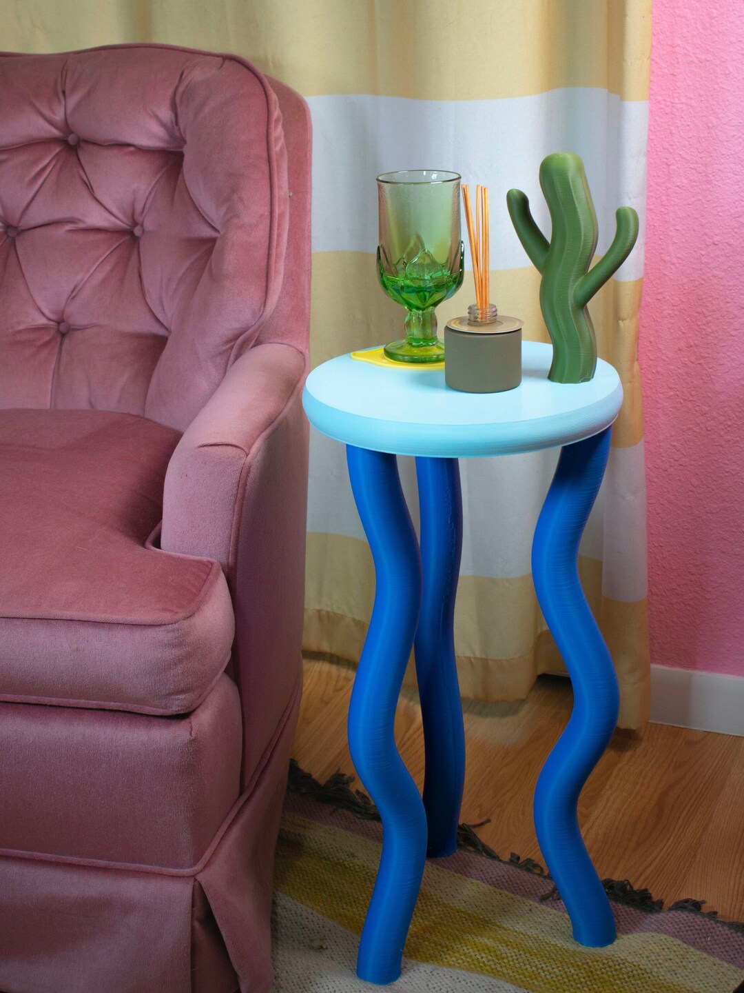 Colorful Wavy Side Table Fun Blue Postmodern Maximalist Wavy Memphis ...
