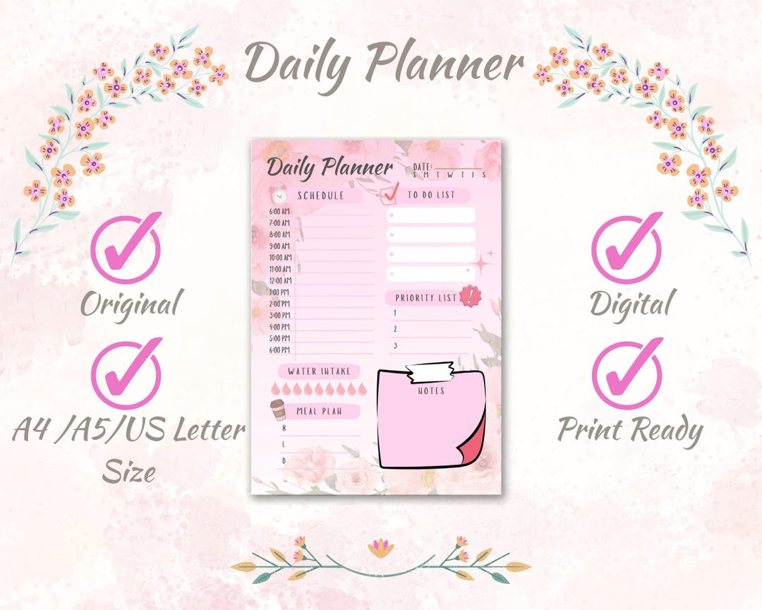 Floral Pink Daily Planner Printable | Cute Aesthetic Daily Schedule ...