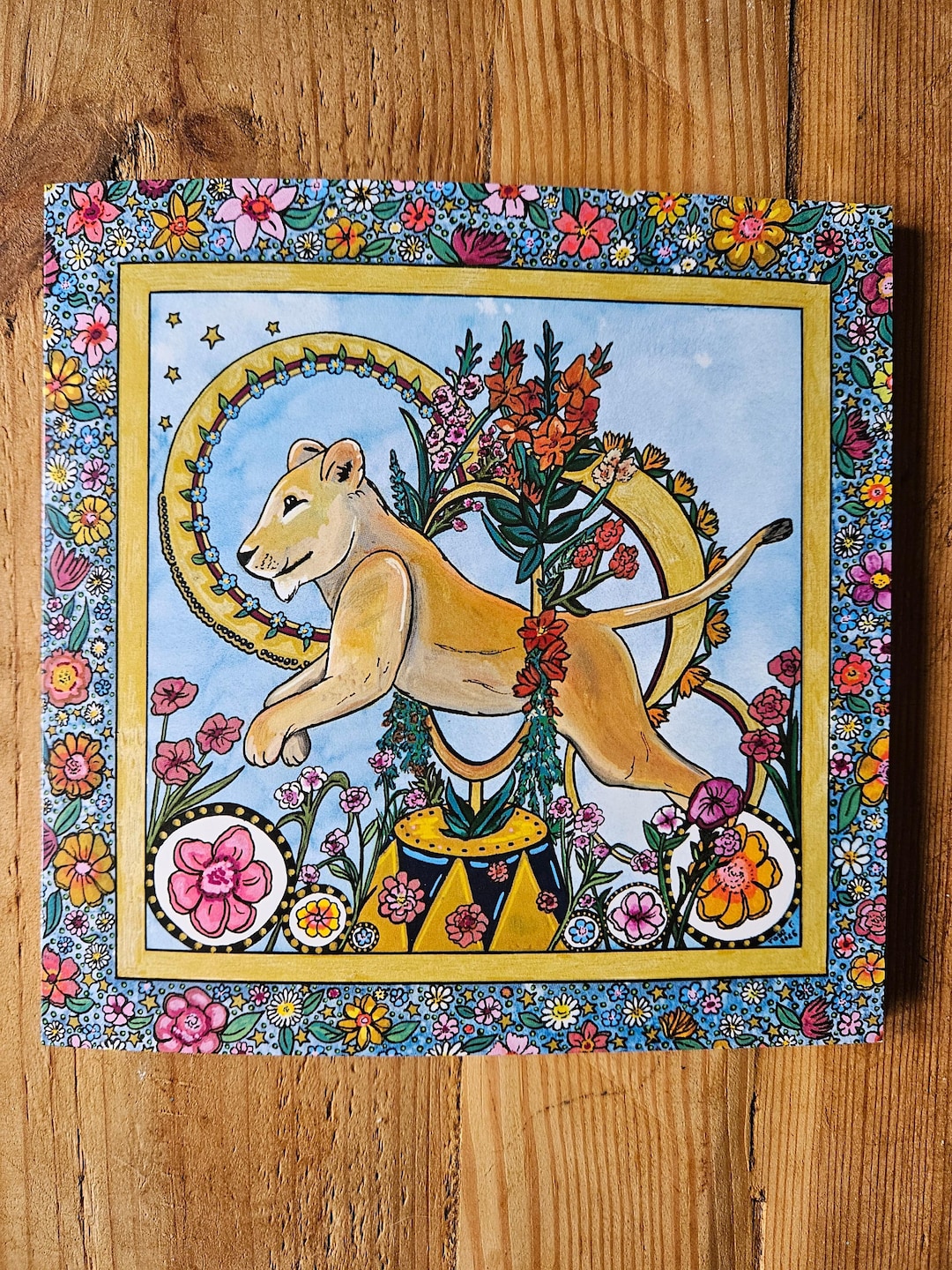 Lioness Fire Flower Greetings Card: Art Nouveau Inspired Watercolour ...