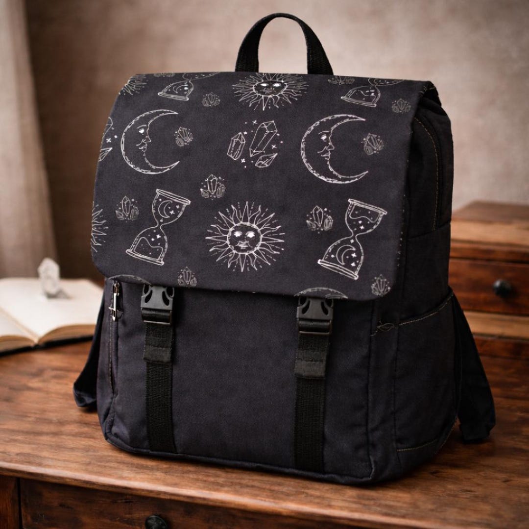 Dark Academia Celestial Moon Backpack | Black Canvas Bookbag, Witchy ...