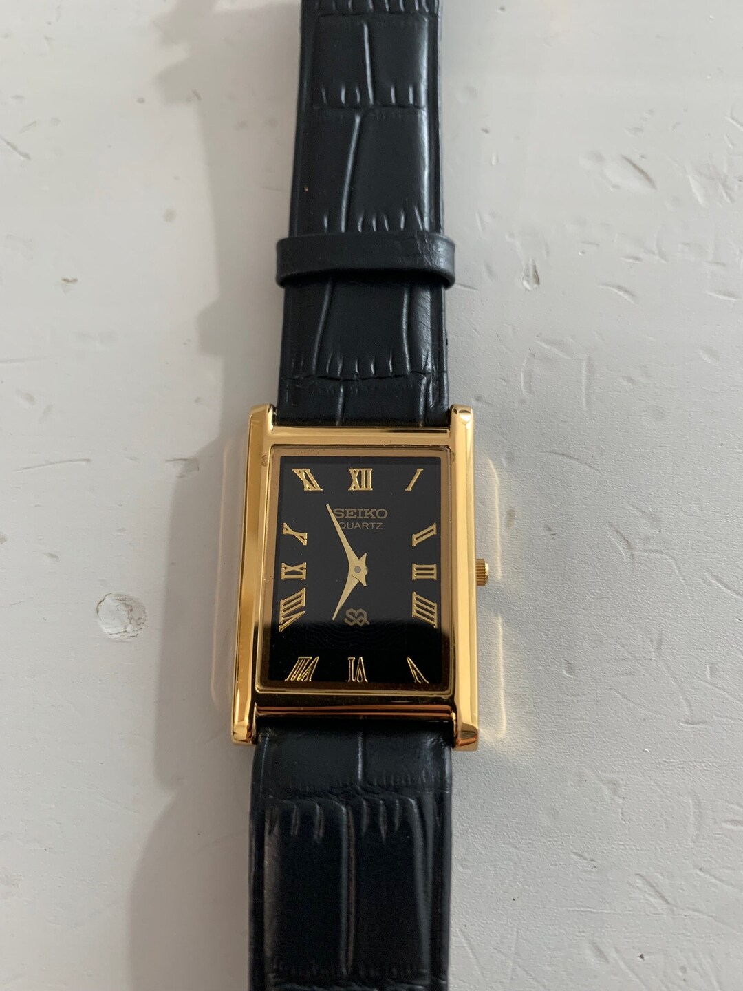 Vintage Seiko Slim TANK Style Quartz Watch Refurb Black Dial Gold Bezel ...