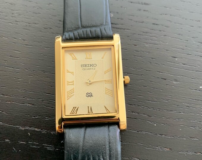Vintage Seiko Slim TANK Style Quartz Watch Refurb Gold Dial Gold Bezel ...