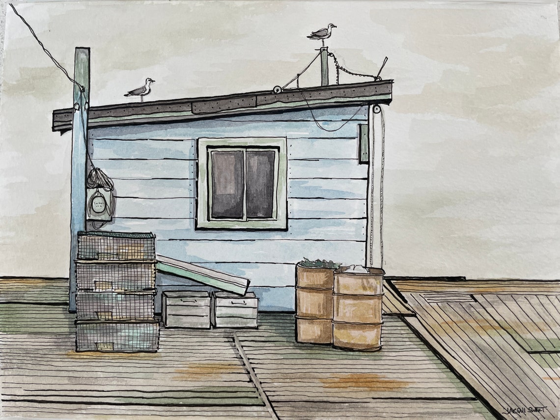 Blue Fishing Shack Original Watercolor & Ink - Etsy