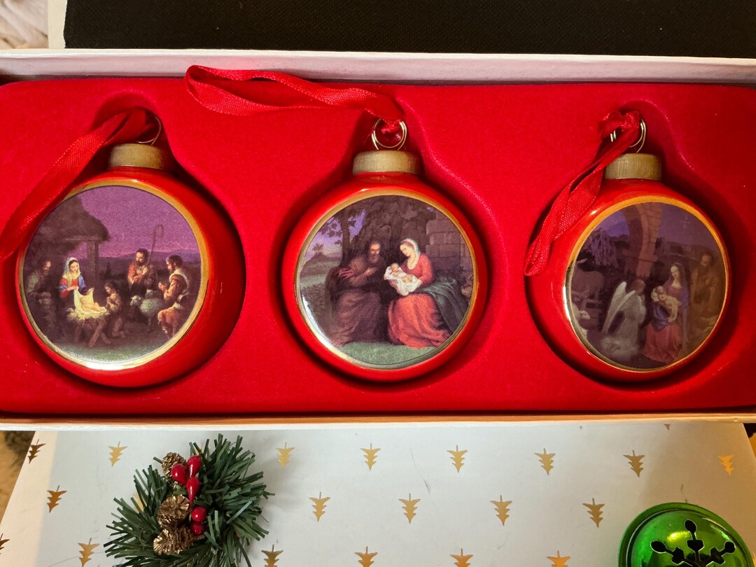Nativity Ornaments 3 Porcelain Red Balls W Red Satin Ribbon. Gilt ...