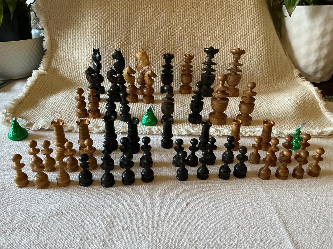 Chess Pieces 57 Regence ANTIQUE France Turned Wood 2 King, 2 Queen, 8 ...