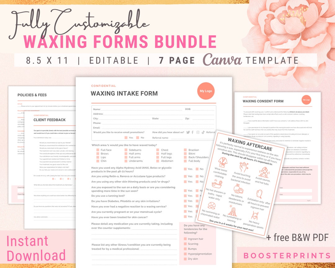 Waxing Consent Forms Wax Salon Client Intake Form Waxing Aftercare Card ...