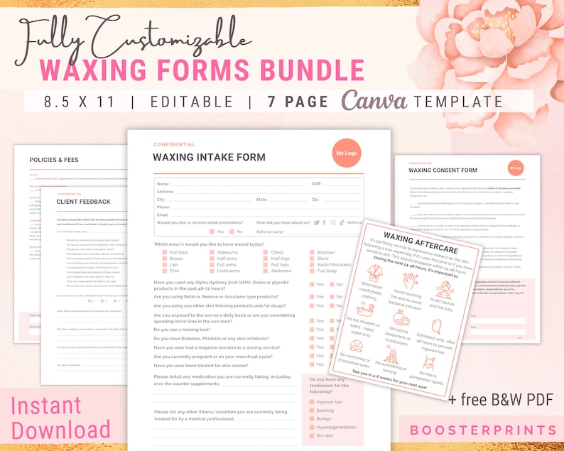 Waxing Consent Forms Wax Salon Client Intake Form Waxing Aftercare Card ...