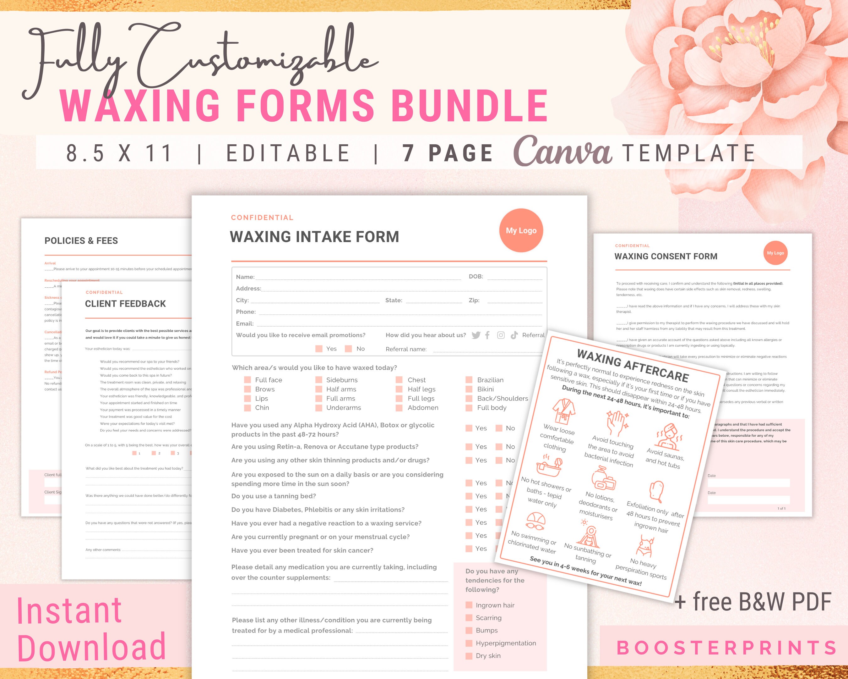 Waxing Consent Forms Wax Salon Client Intake Form Waxing Aftercare Card ...