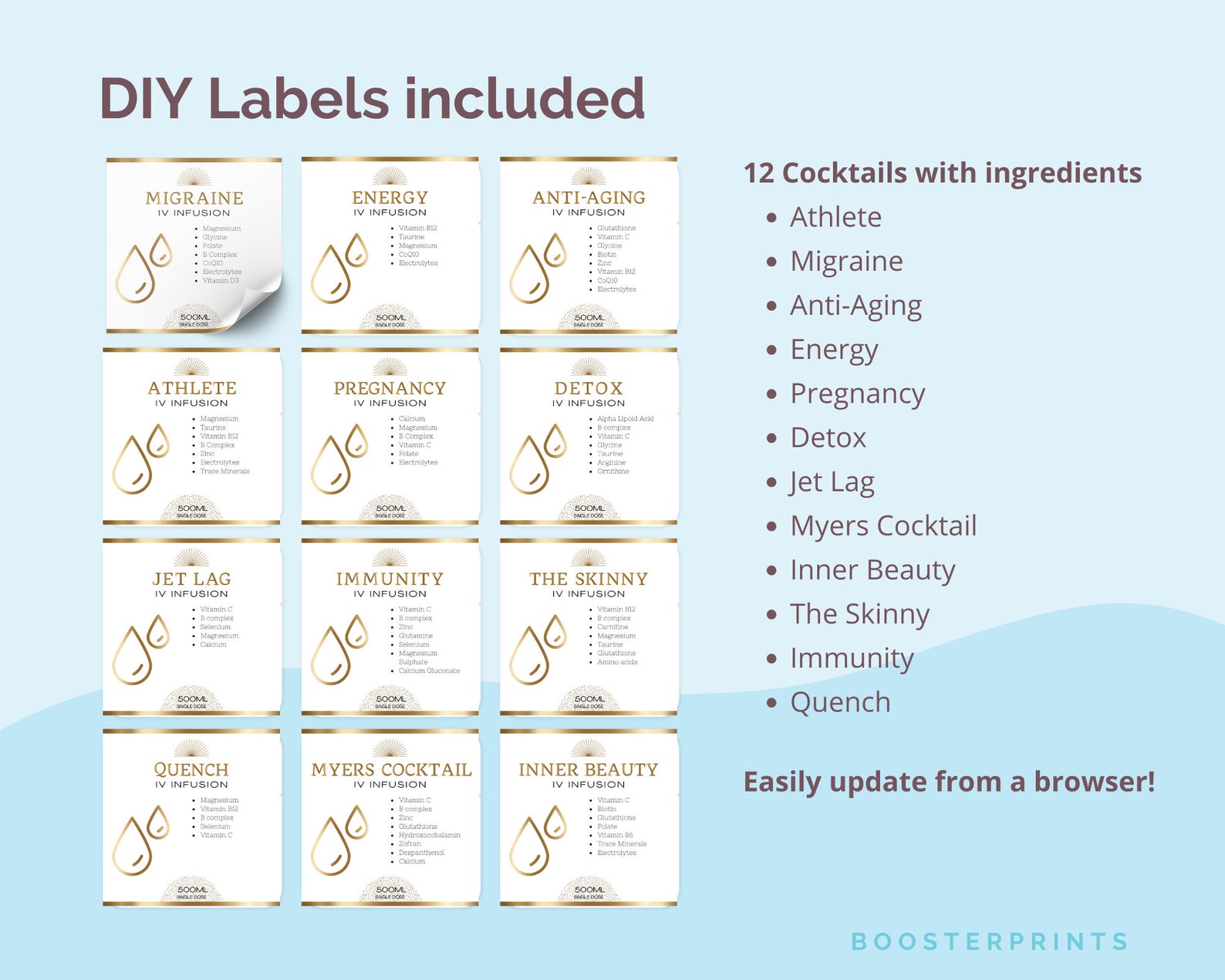 IV Bag Labels Editable IV Vitamin Therapy Bag Label Black Gold IV Label ...
