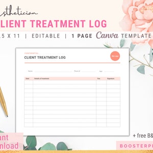 Client Treatment Log Editable Esthetician Business Form Beauty Salon ...