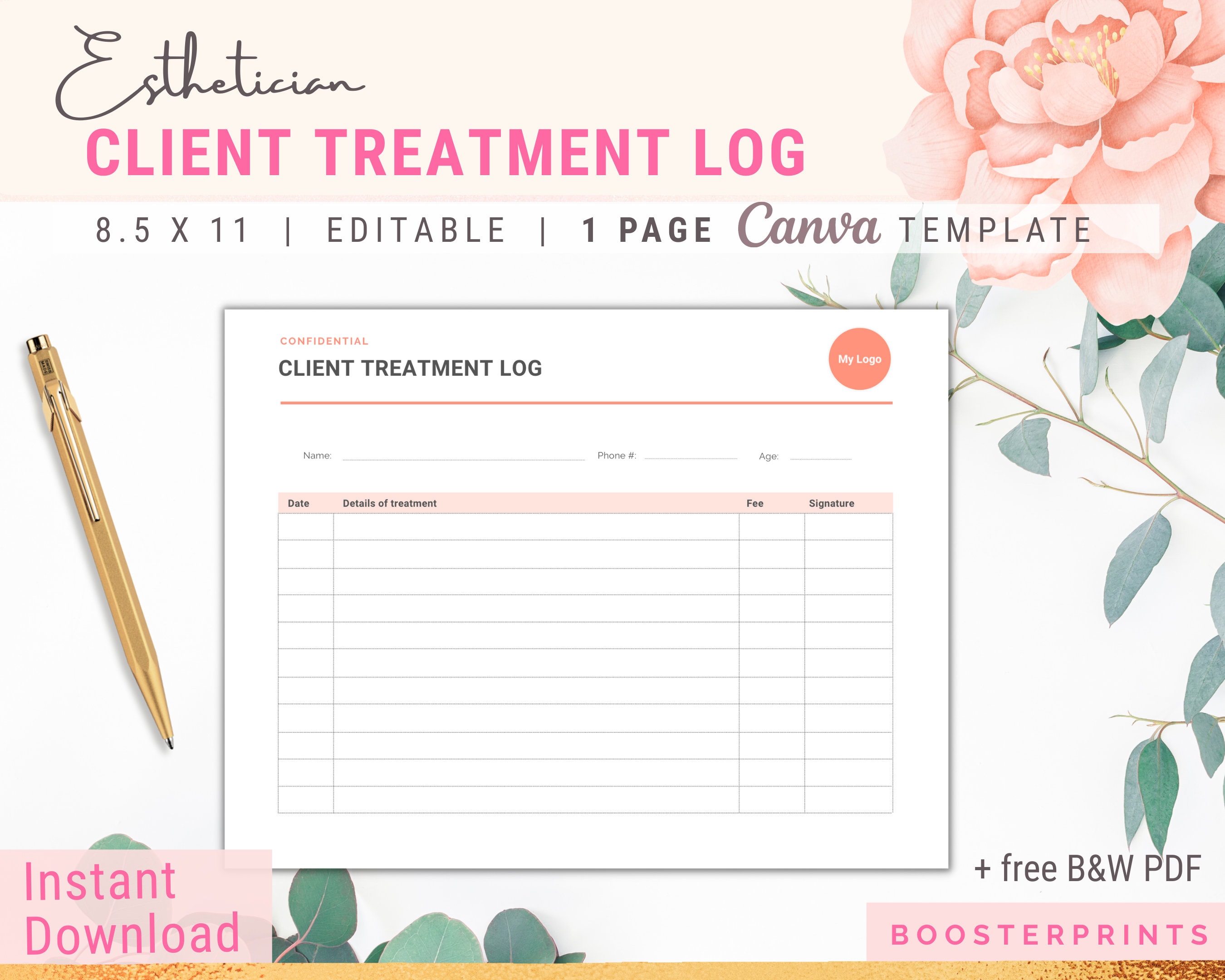Client Treatment Log Editable Esthetician Business Form Beauty Salon ...
