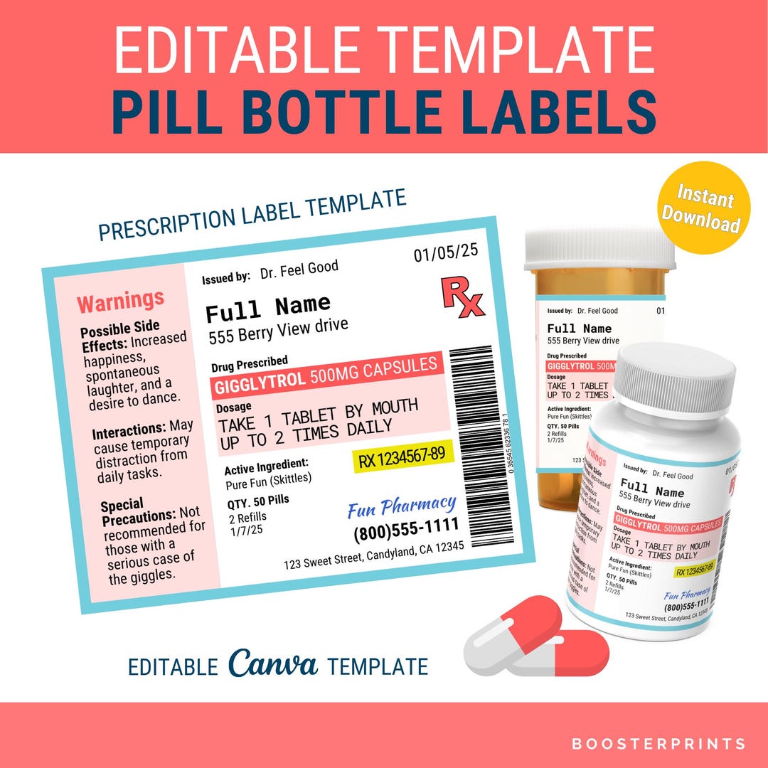 Pill Bottle Label Template, Prescription Bottle Template Editable RX ...