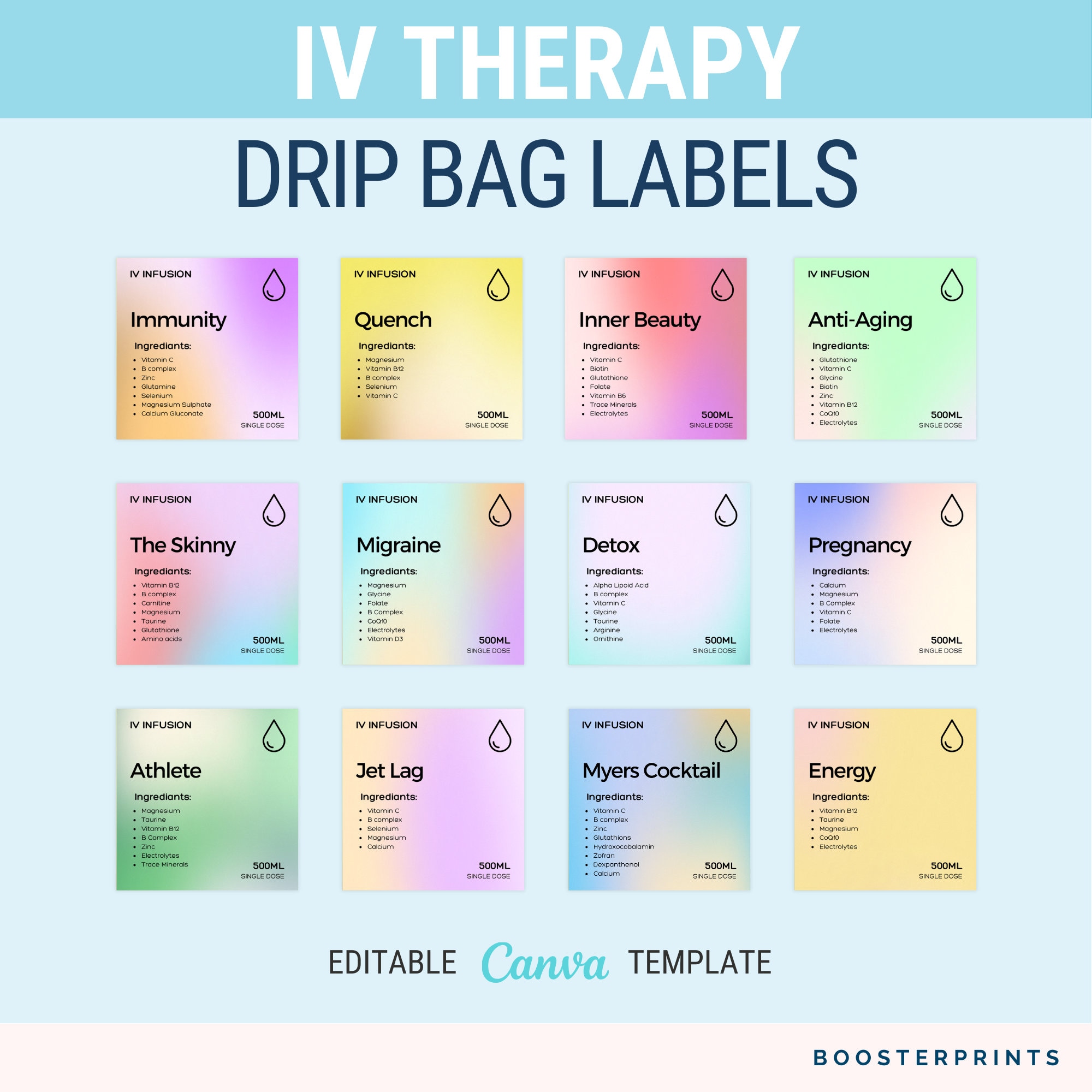 IV Infusion Bag Labels Modern IV Vitamin Therapy Bag Label Gradient IV ...