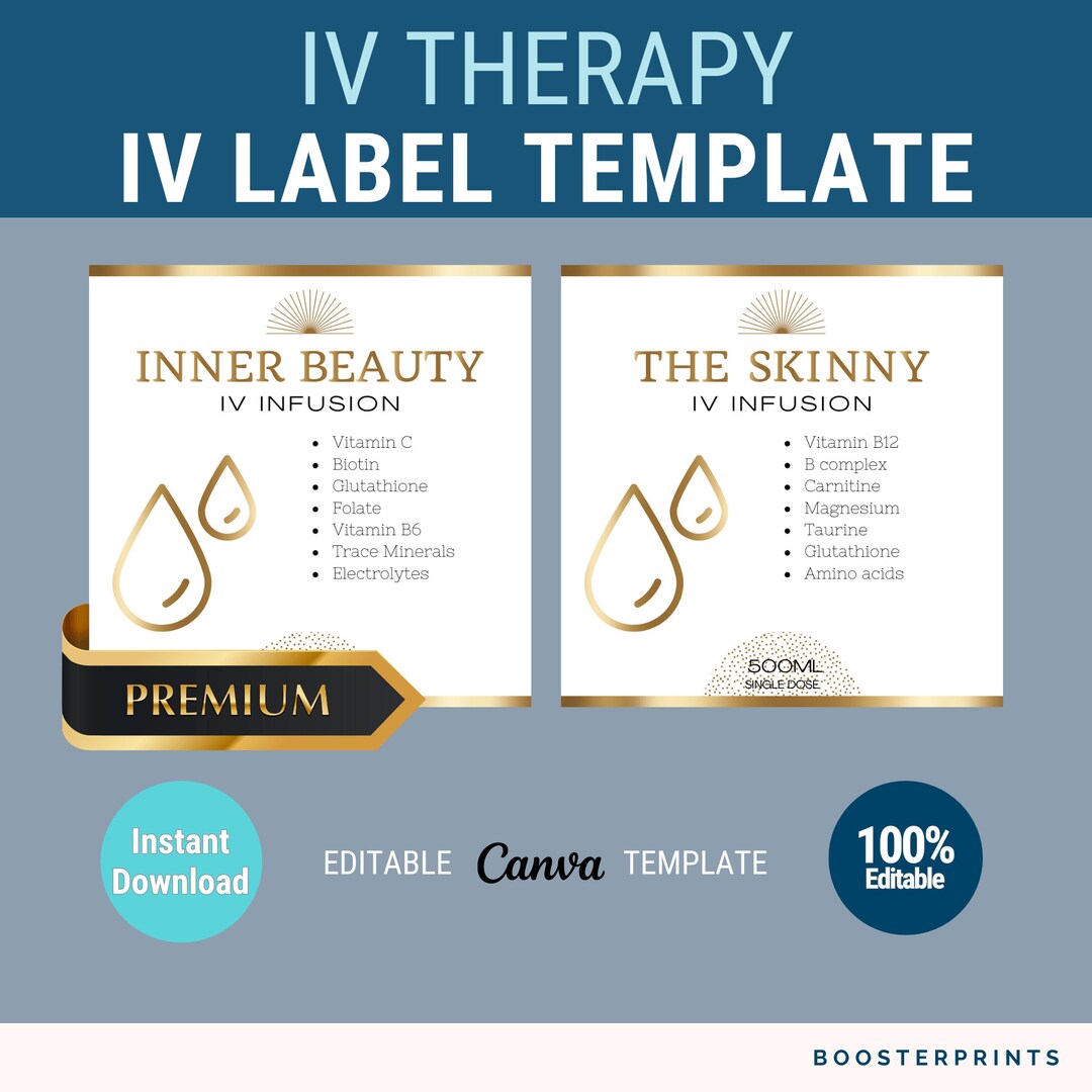 IV Bag Labels Editable IV Vitamin Therapy Bag Label Black Gold IV Label ...